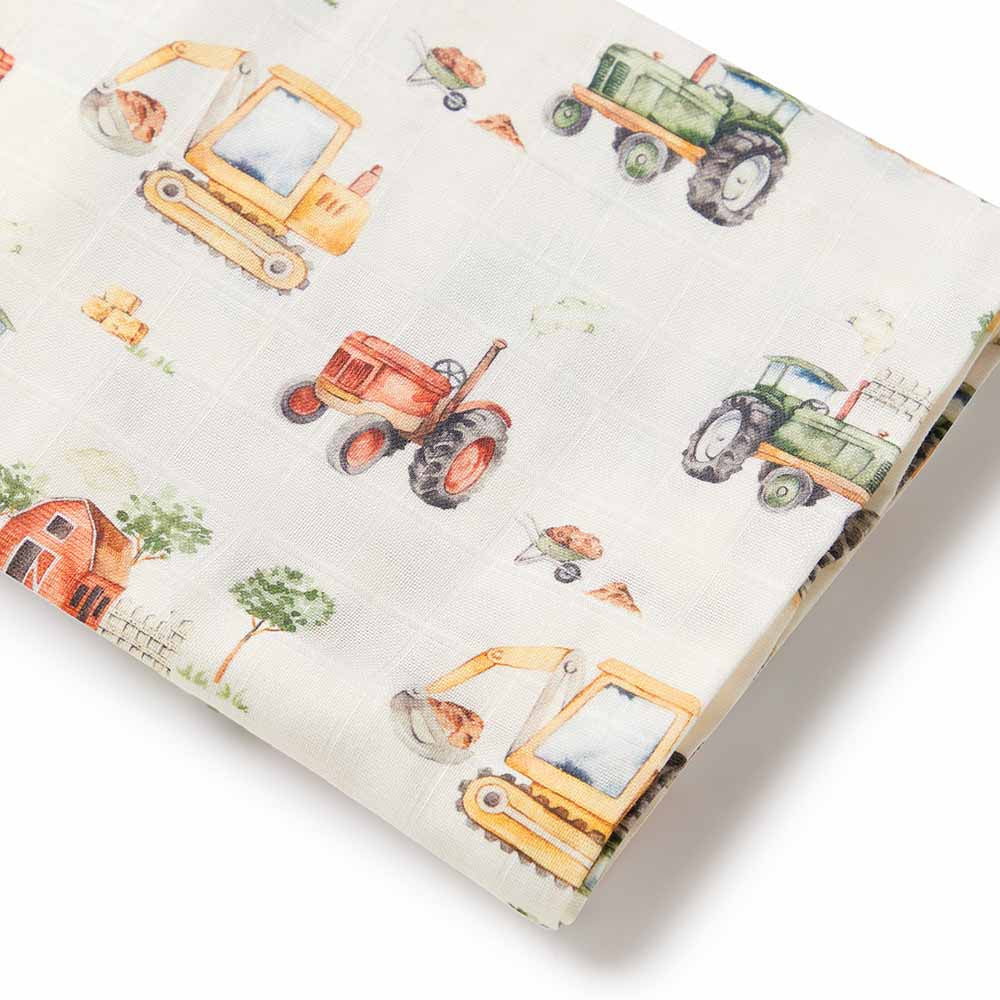 Snuggle Hunny Organic Muslin Wrap - Diggers & Tractors | Baby Junction